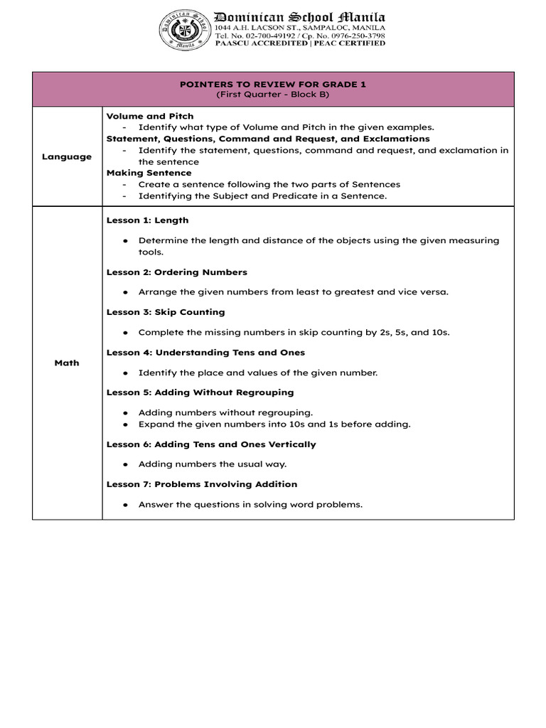 2nd Quarter Pointers To Review (Block B) - Grade 1 | PDF