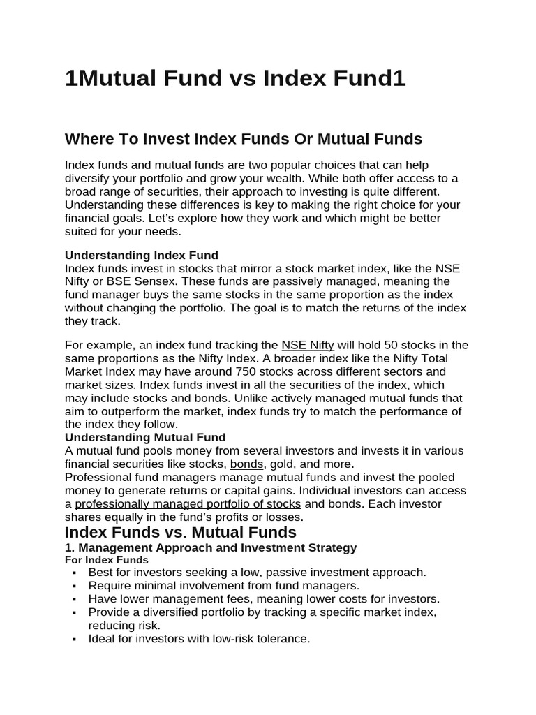 Mutual Fund Vs Index Fund | PDF | Investment Fund | Index Fund