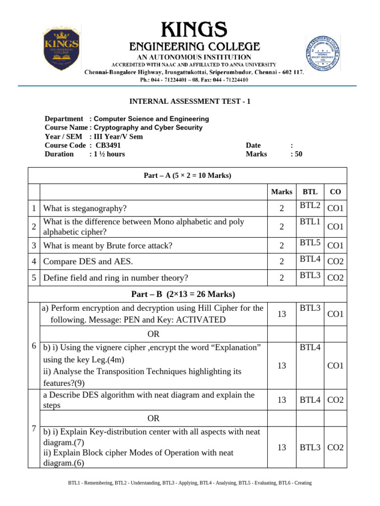 Cb3491_ccs Iat -1 - Qp Set 2 | PDF | Cipher | Encryption