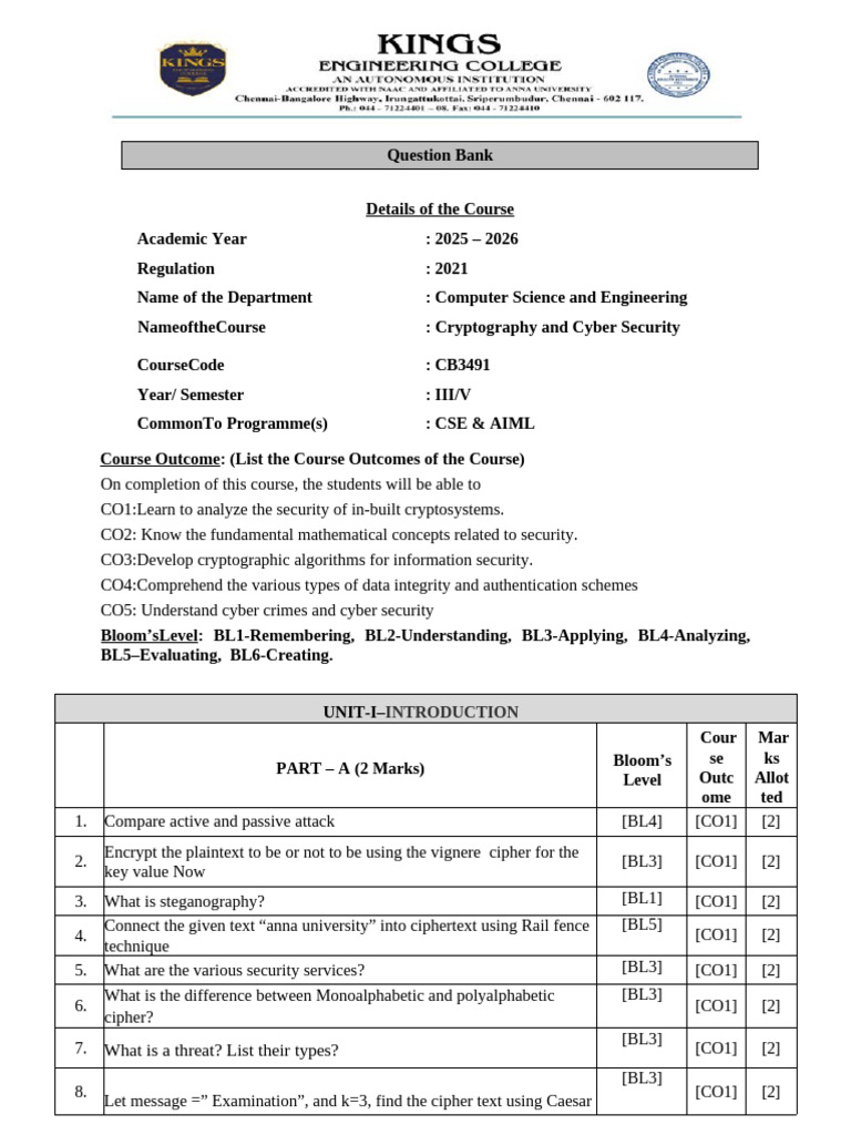 CB3491 - CCS Question Bank | PDF | Cryptography | Encryption