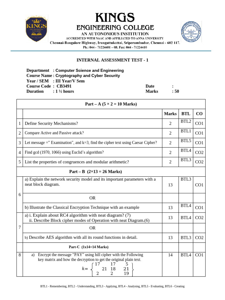 Cb3491 - Ccs Iat-1 - QP Set 1 | PDF | Encryption | Cipher