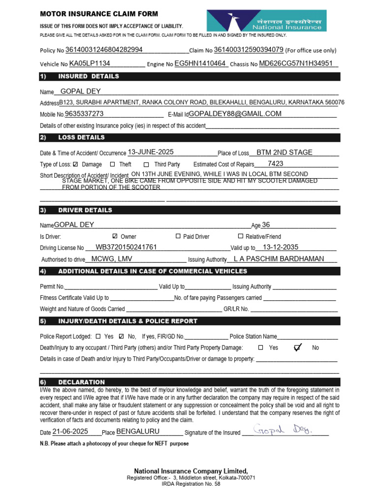 Claim FOrm | PDF | Vehicle Insurance | Vehicles
