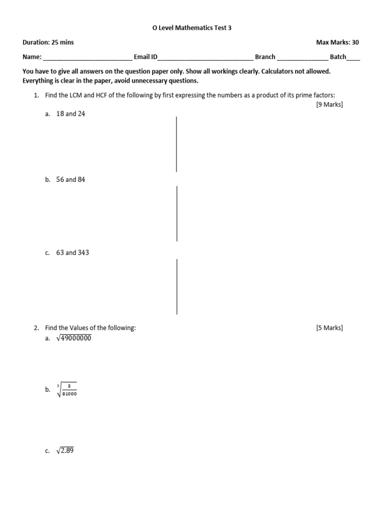 O Level Mathematics Test 3 2025 | PDF