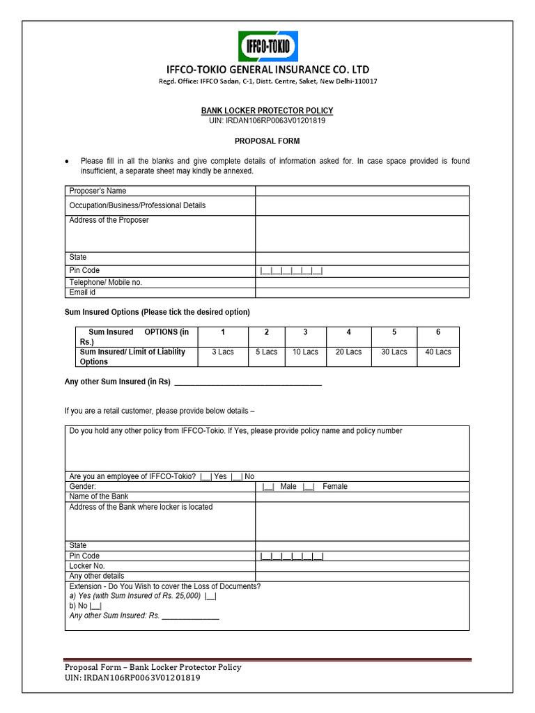 Bank Locker Protector Policy Proposal Form | PDF | Insurance | Business