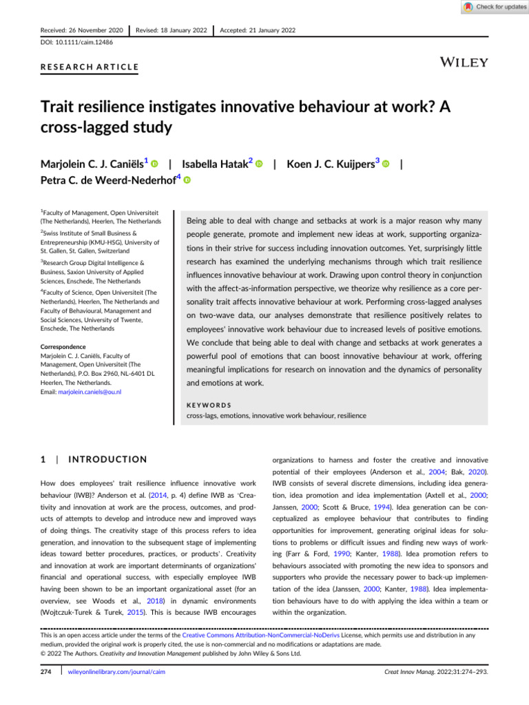 20-Trait Resilience Instigates Innovative Behaviour at Work | PDF ...