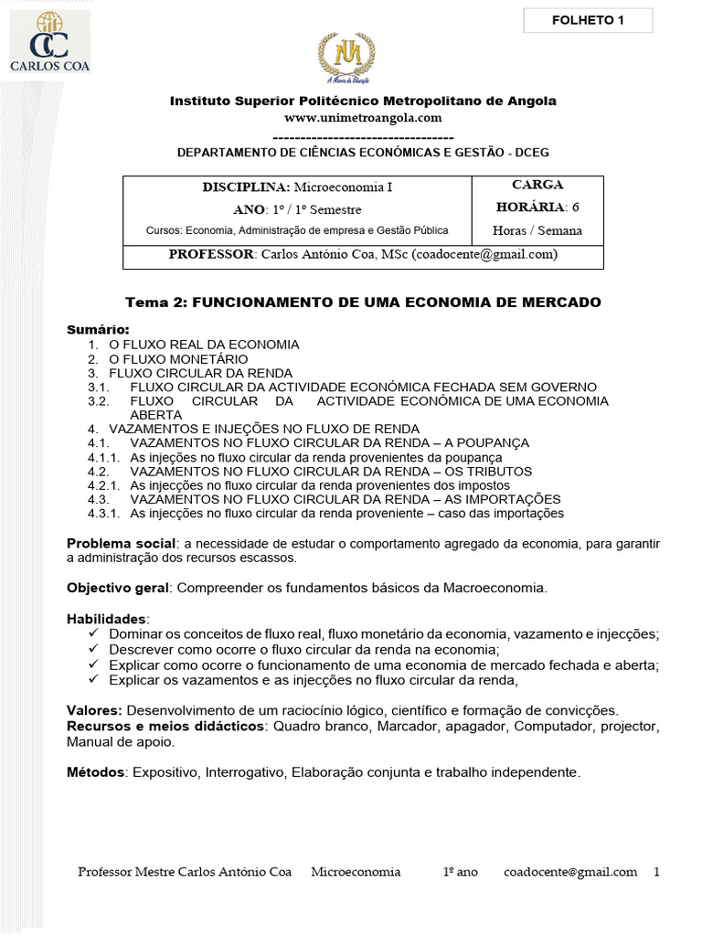 Folheto 1 - Fluxo Circular Da Renda - Professor Messtre Carlos António ...