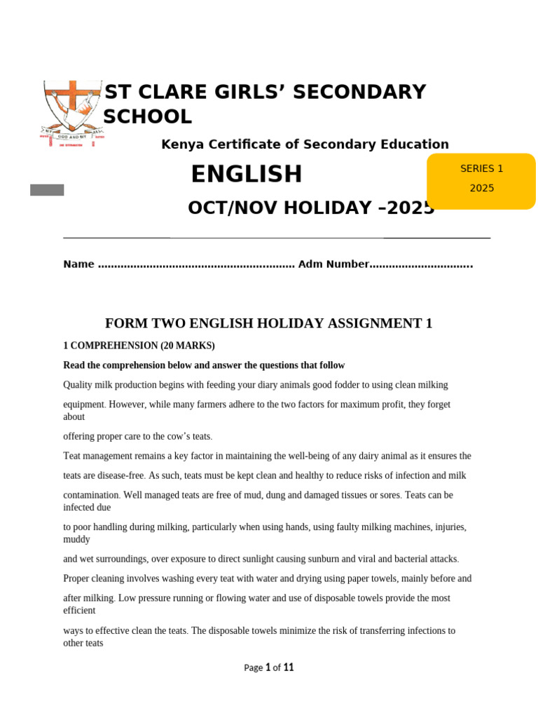f2 Holiday Assignment Dec 2025 Eng | PDF | Dairy