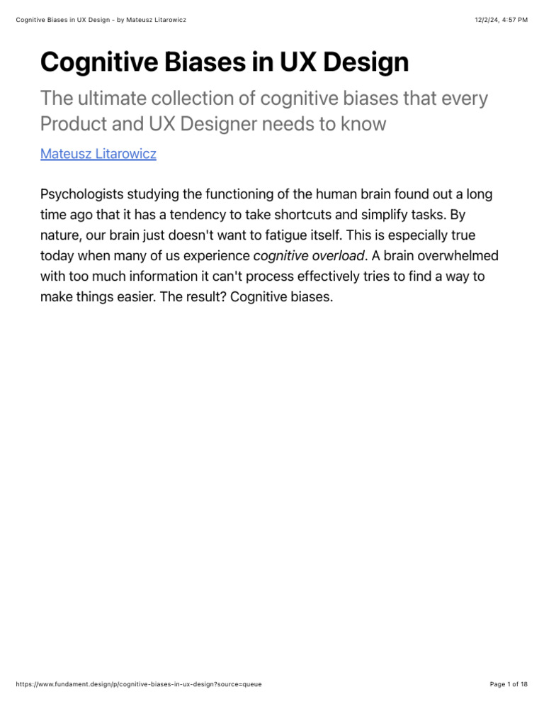 Cognitive Biases in UX Design - by Mateusz Litarowicz | PDF | Bias ...