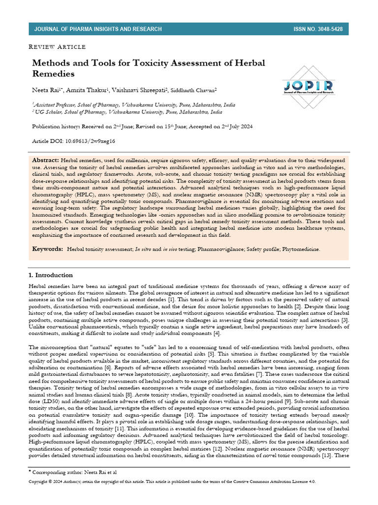 Toxicity Assessment Methods for Herbal Remedies | PDF | Toxicity ...