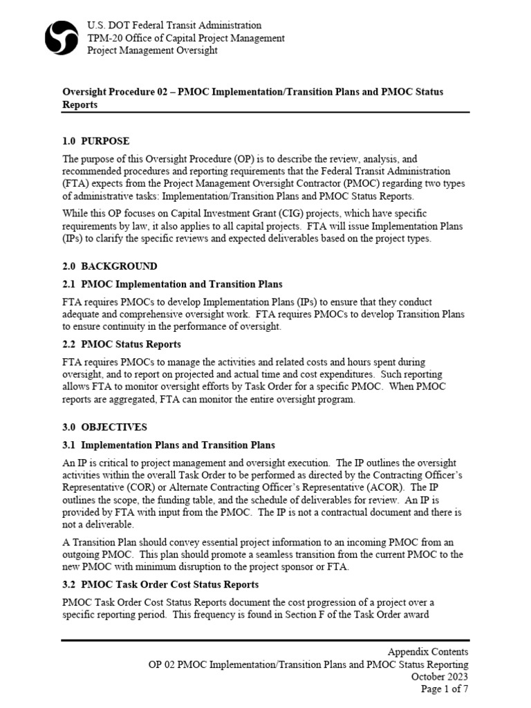 Oversight Procedure 02 PMOC Implementation Transition Plans and PMOC ...