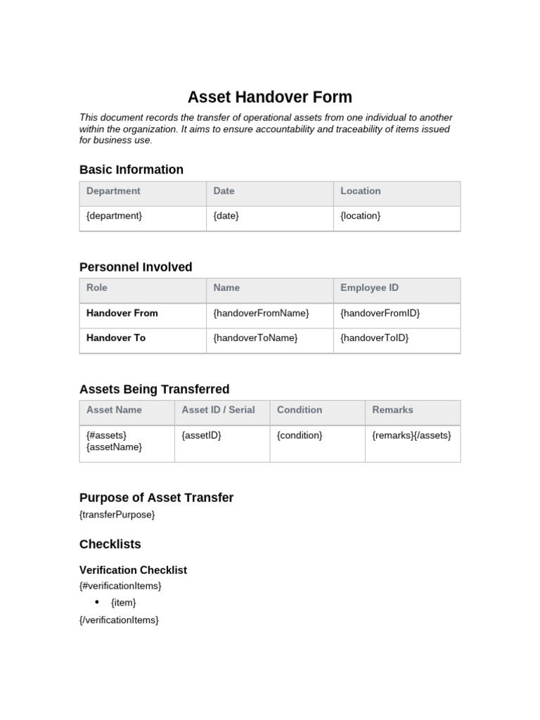 Asset Handover Form Template | PDF