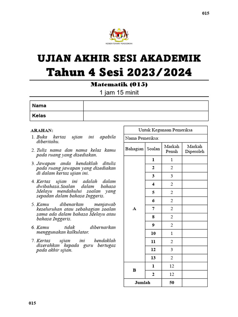 UASA Math Tahun 4 2023 - 24 - Removed | PDF