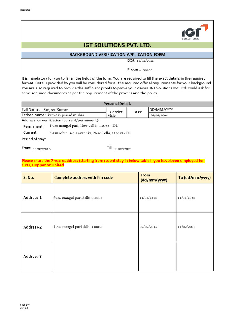 Background Verification Form | PDF