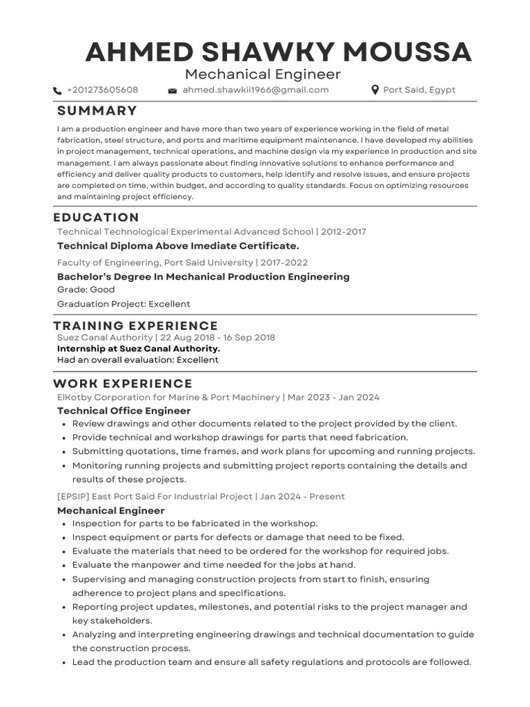 AHMED SHAWKY MOUSSA - Mechanical Engineer | PDF | Engineer | Project ...