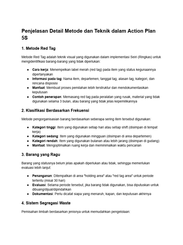 Penjelasan Detail Metode Dan Teknik Dalam Action Plan 5S | PDF