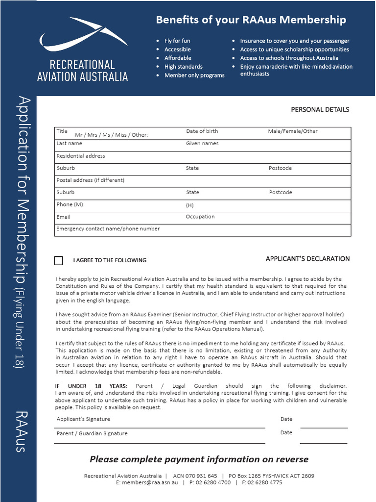 RAAus Membership Application Fillable Flying Under 18 | PDF | Payments ...