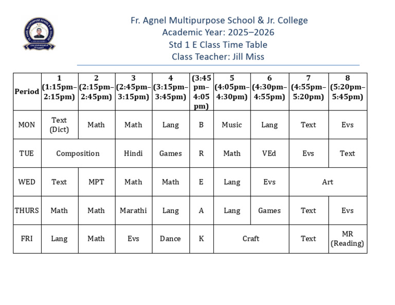 Yuvan STD 1 E Class Timetable | PDF