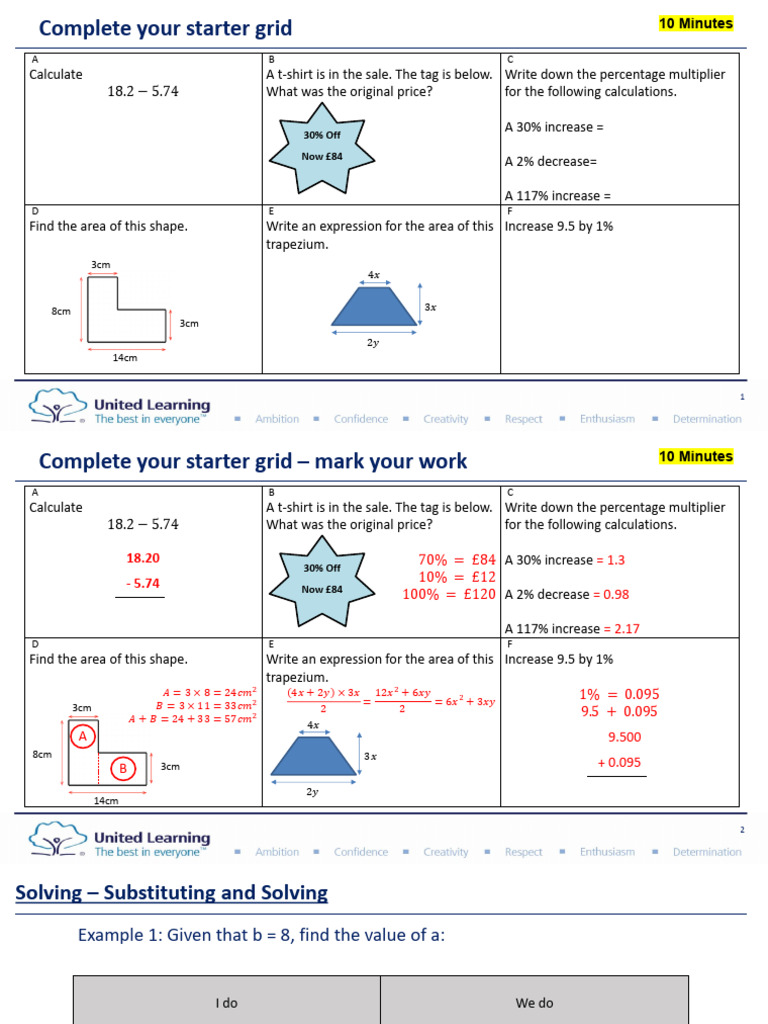 Lesson 8 - Substituting and Solving | PDF | Equations | Applied Mathematics