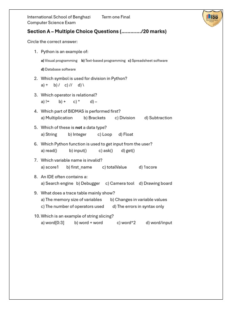 Exam One (B) Final - Update | PDF | Python (Programming Language ...