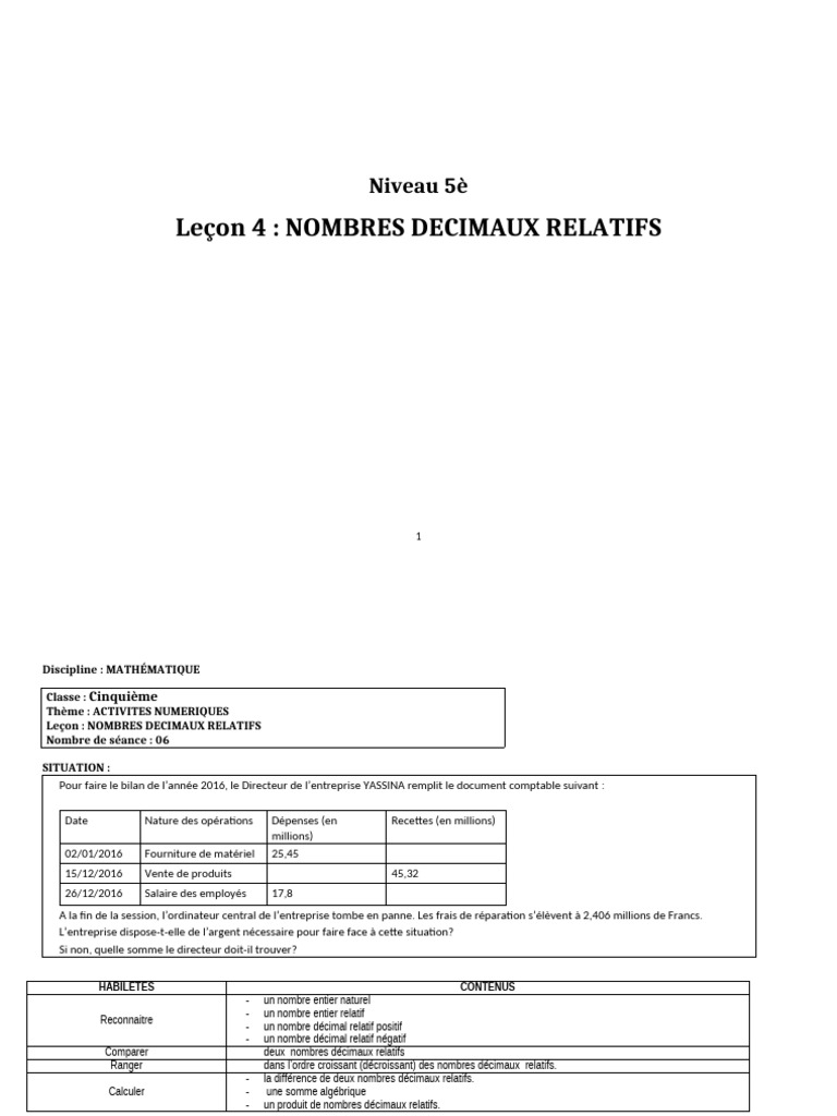 Nombres Décimaux Relatifs en 5ème | PDF | Entier relatif | Entier naturel