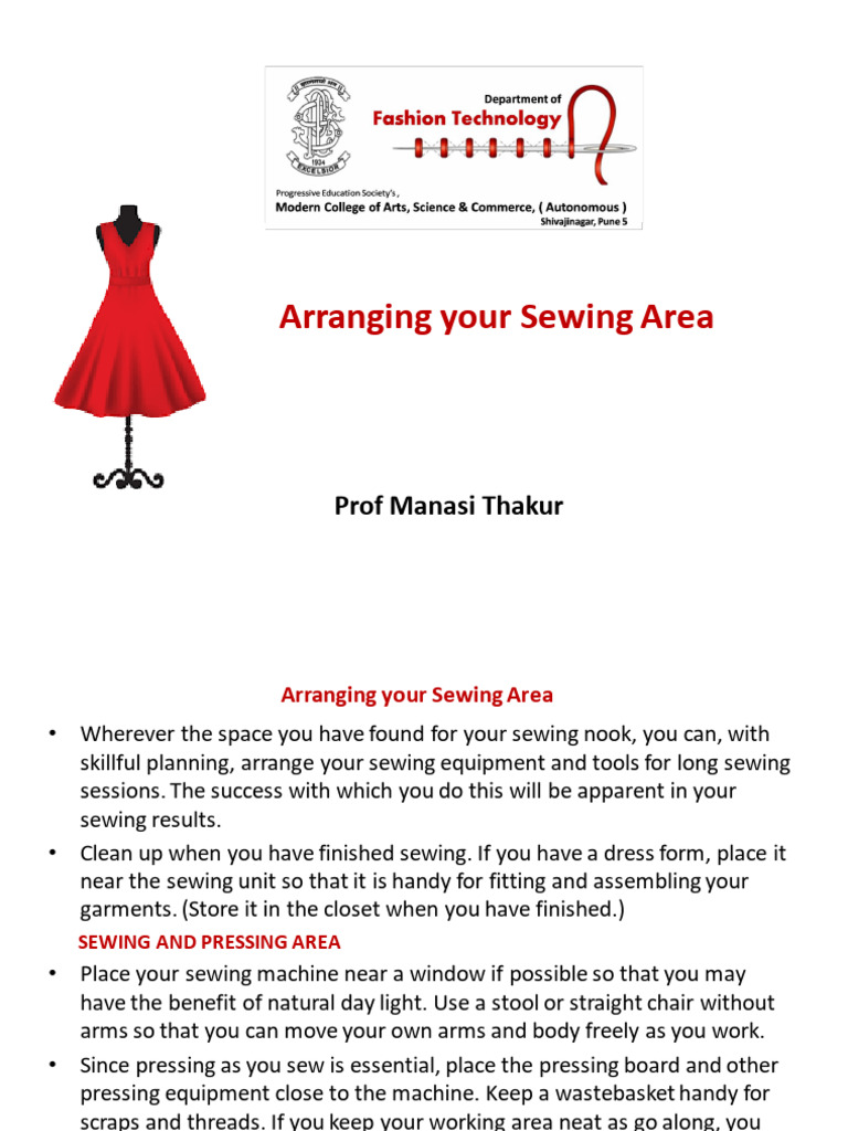 Garment Construction Arranging Sewing Area and Care of Sewing Machine ...