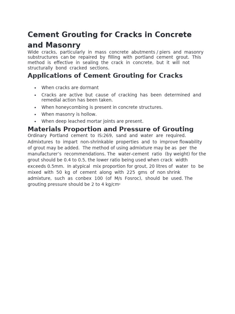 Cement Grouting For Cracks in Concrete and Masonry | PDF | Concrete ...