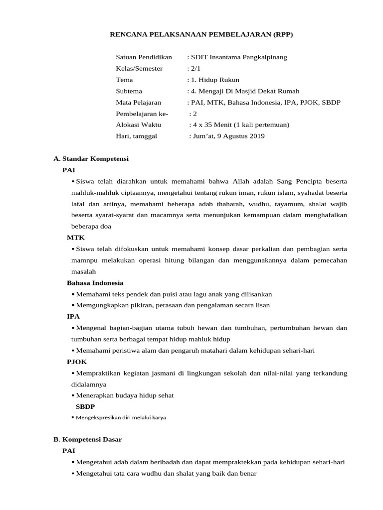 RPP Kls 2 Tema 1 (ST 4 Pem 2) | PDF