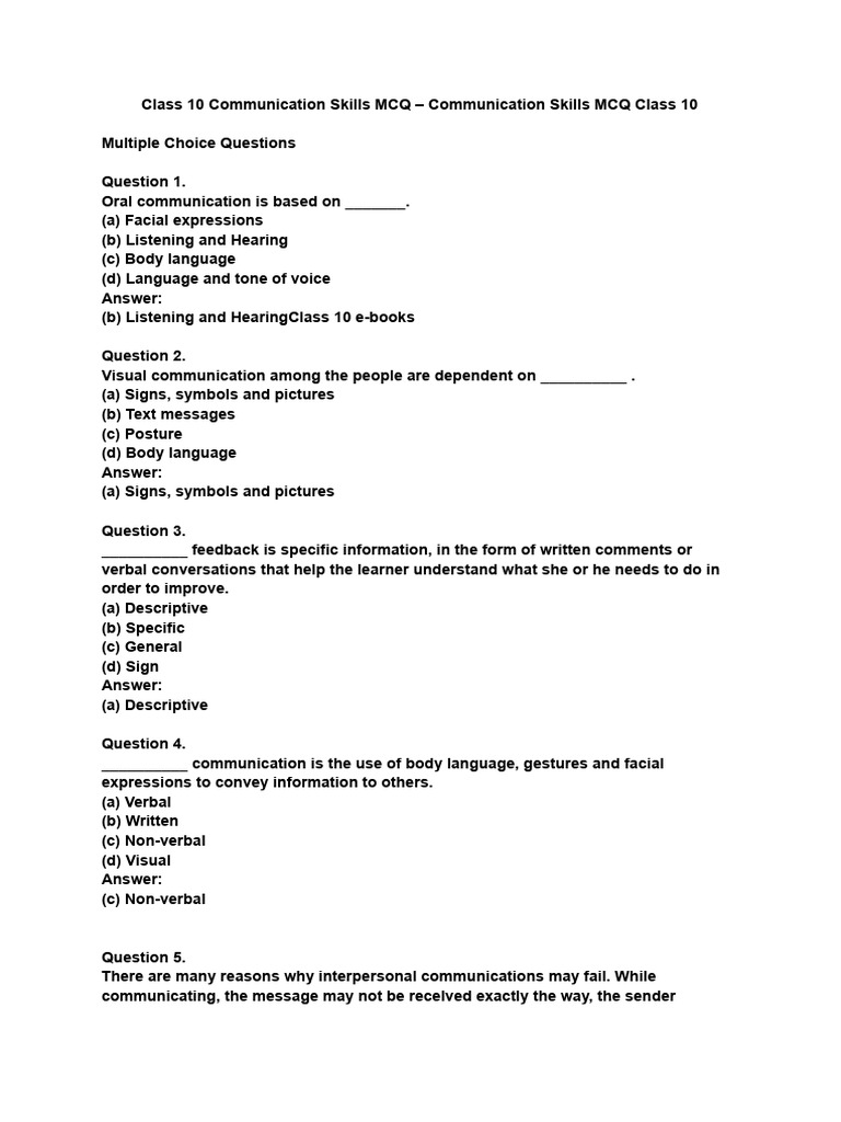 Multiple Choice Questions Chapter 1 (Communication Skills) | PDF | Communication | Body Language