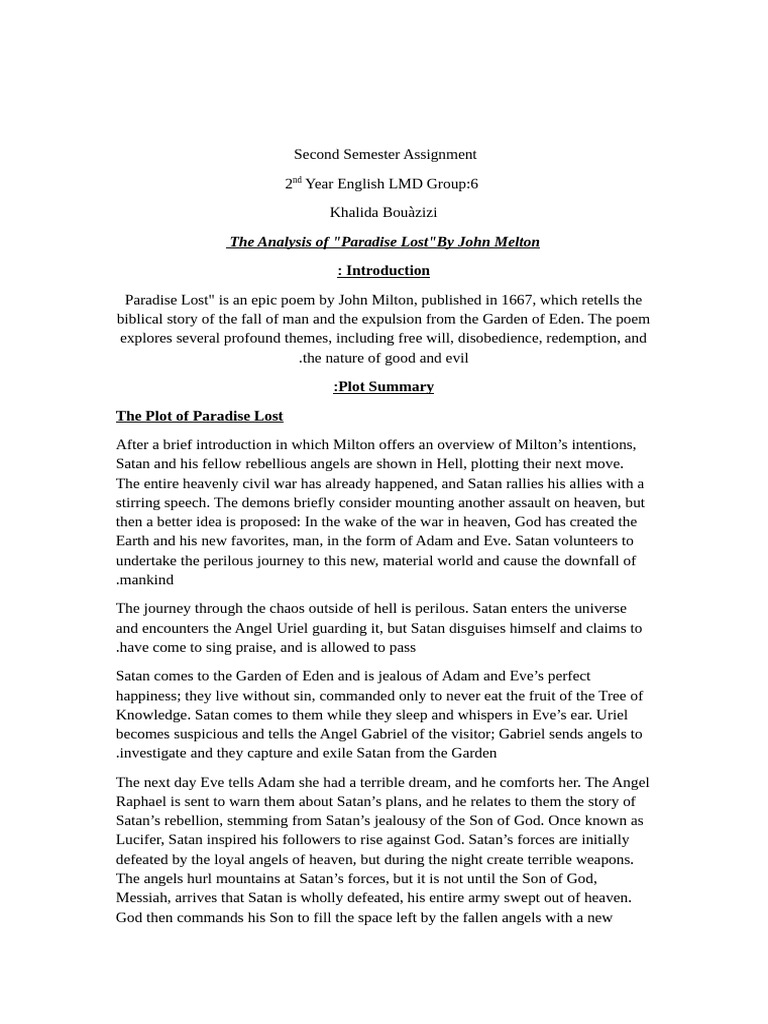 The Analysis of Paradise Lost | PDF | Paradise Lost | Adam And Eve