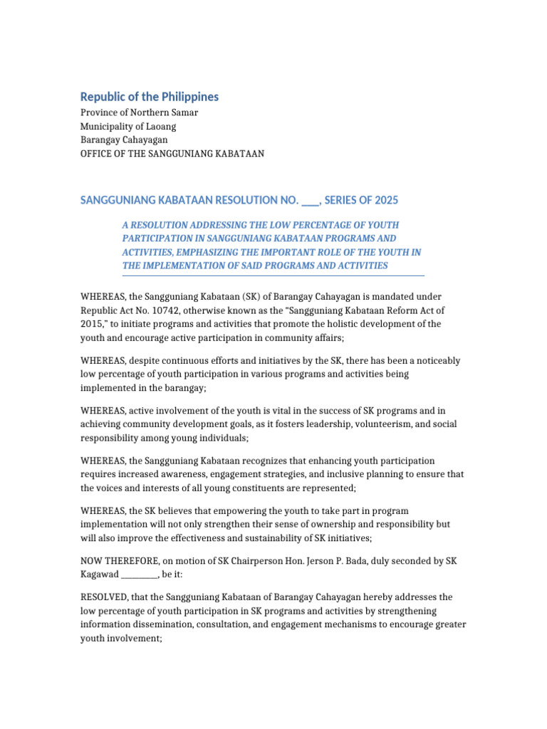 Youth Participation Resolution in SK Programs | PDF
