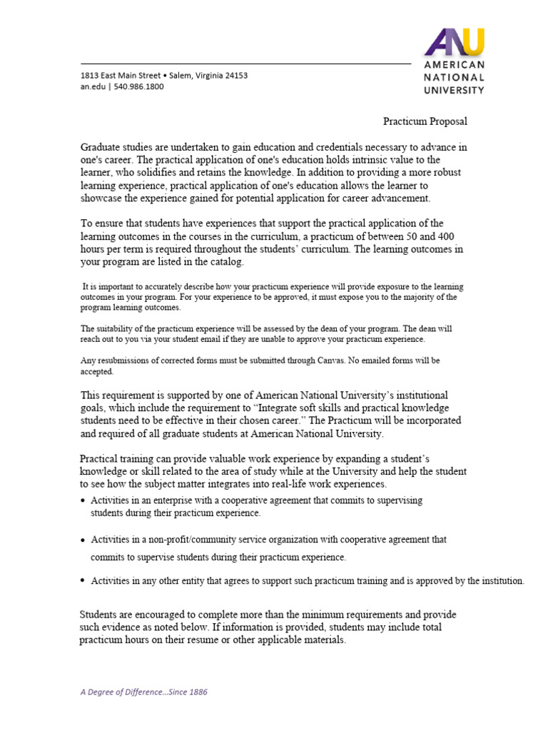 ANU Practicum Proposal Form All Programs 9-9-2025 | PDF | Learning | Curriculum