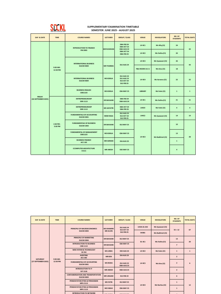 Examination Timetable (August 2025 - Supplementary) v2 | PDF