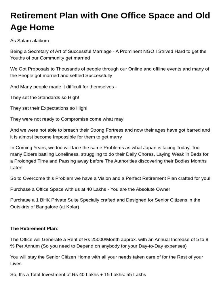 Retirement Plan With One Office Space and Old Age Home | PDF ...