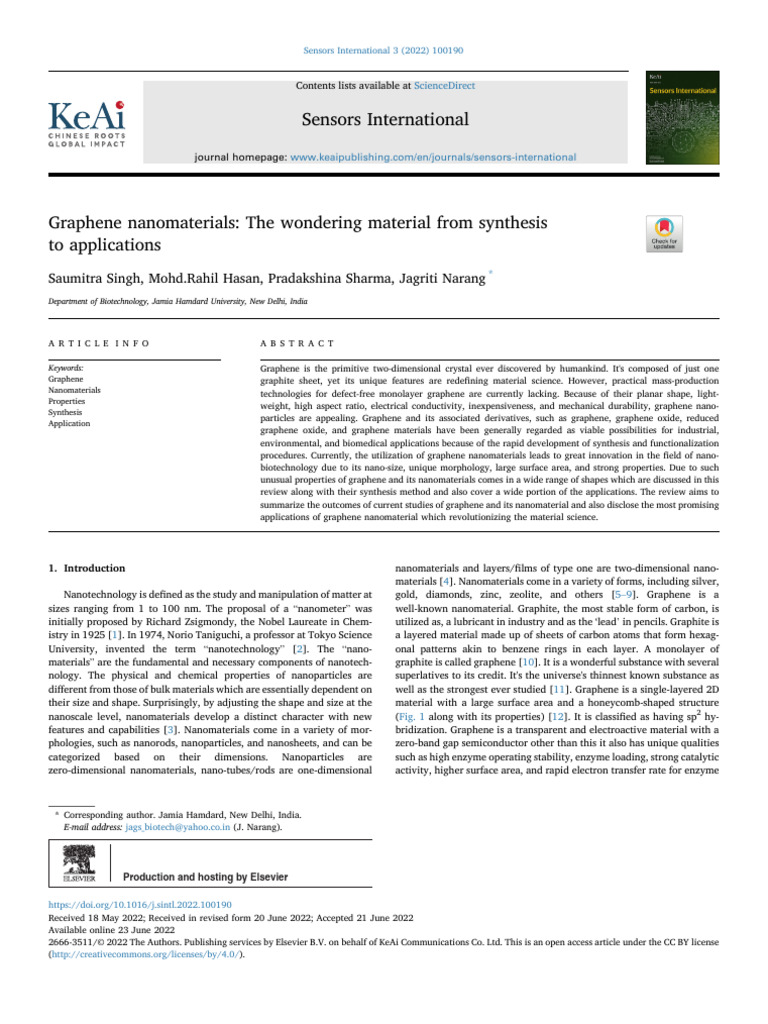 Graphene Nanomaterials - The Wondering Material From Synthesis To ...
