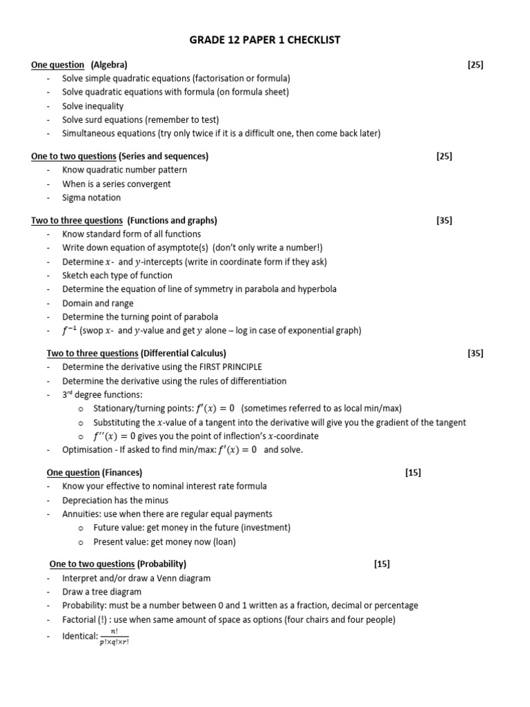 Grade 12 Paper 1 Checklist | PDF | Function (Mathematics) | Equations