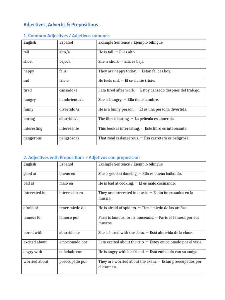 Adjetivos, Adverbios y Preposiciones en Inglés | PDF