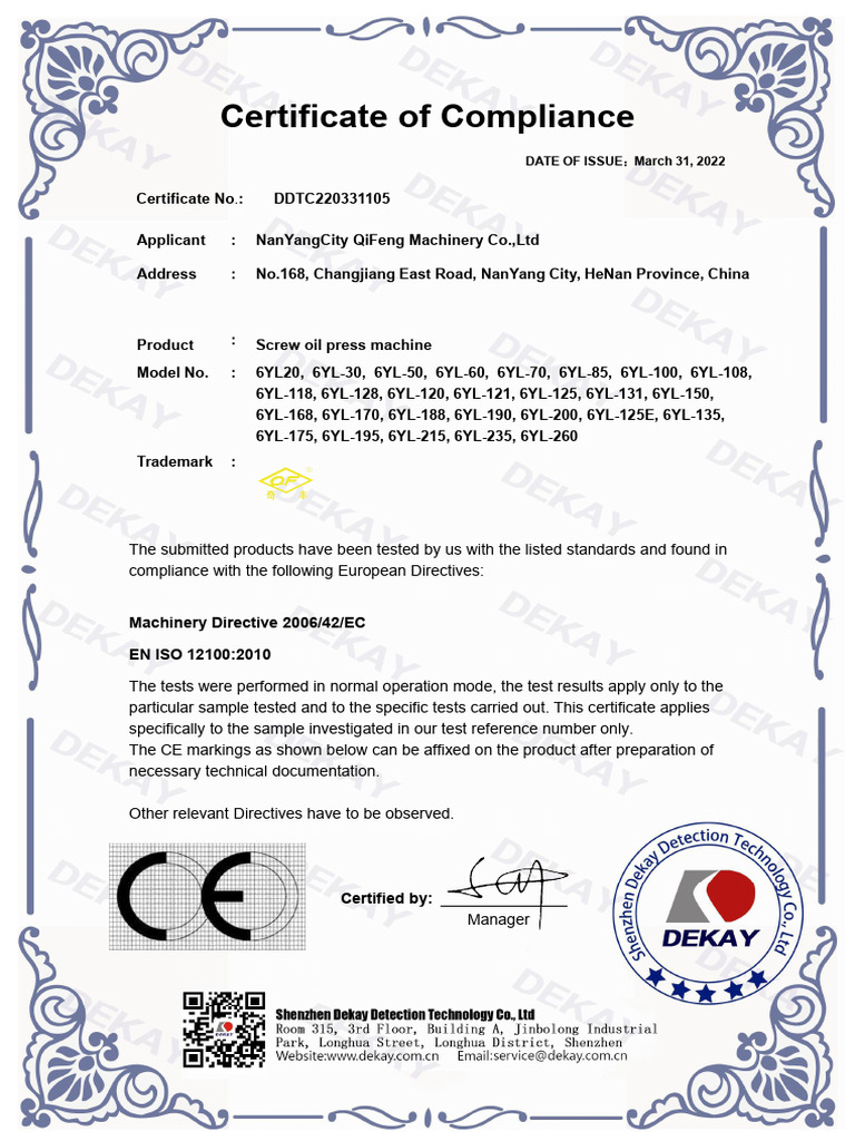 Screw Oil Press Machine CE Certificate | PDF