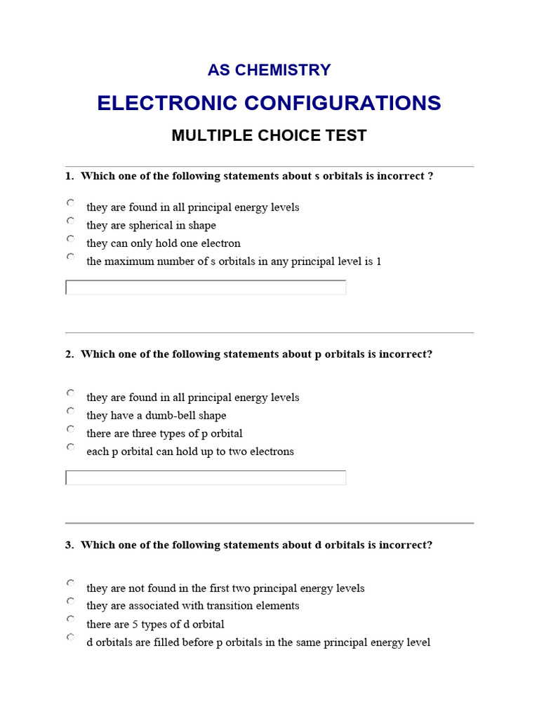 Chemistry Electronic Configurations Quiz | PDF | Intermolecular Force ...