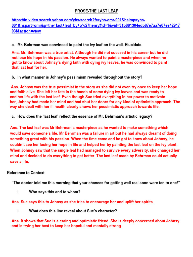 The Last Leaf-Notebook Work | PDF