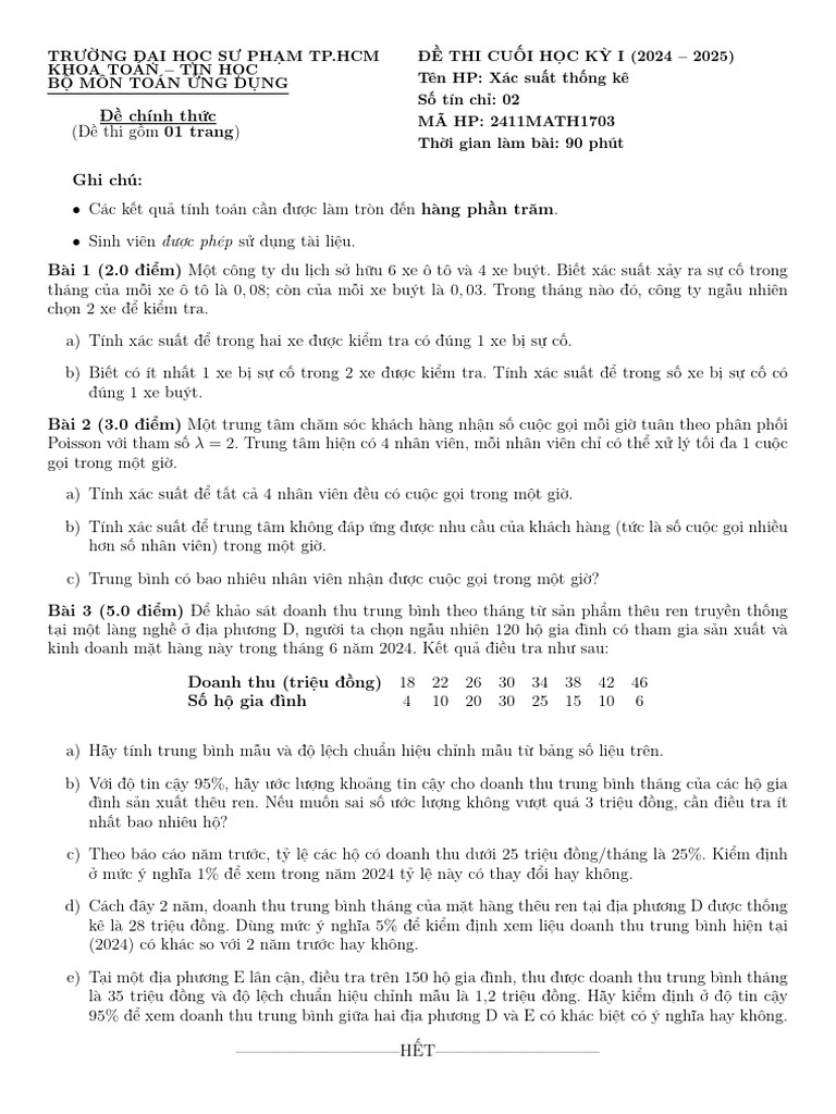 De Chinh Thuc XSTK HK1 2024 - 2025 | PDF