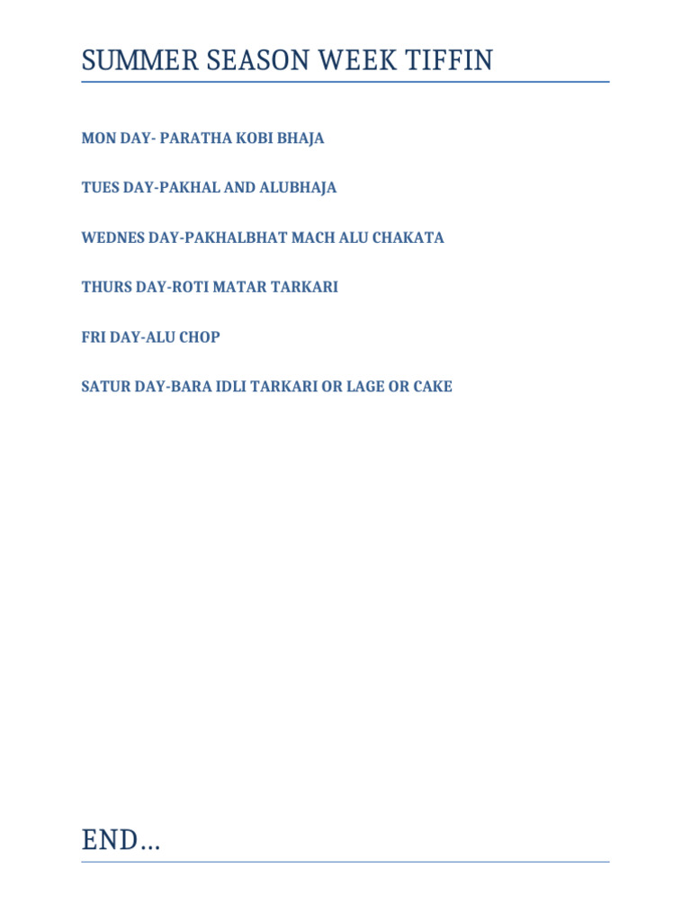 Summer Tiffin Menu Plan | PDF