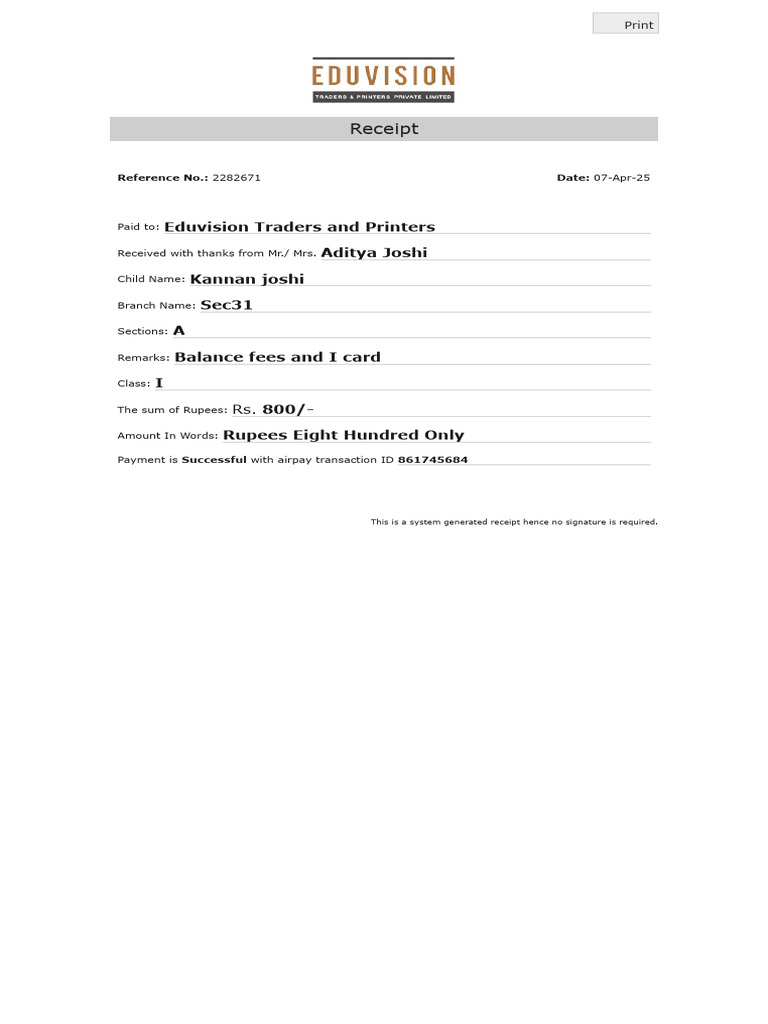 Eduvision Payment Receipt for Kannan Joshi | PDF