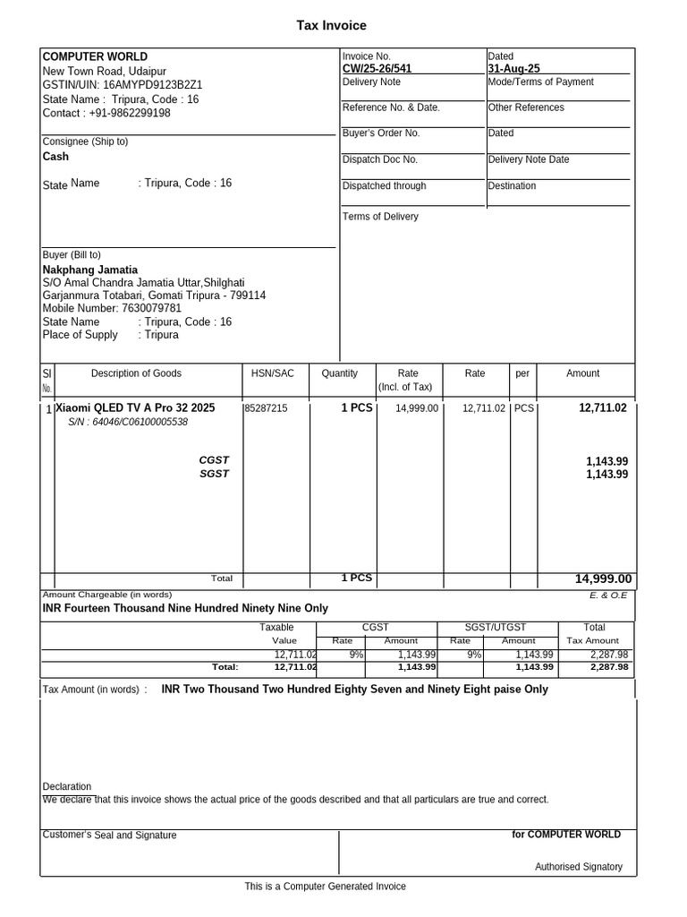 Sales_CW_25-26_541 | PDF | Invoice | Taxes