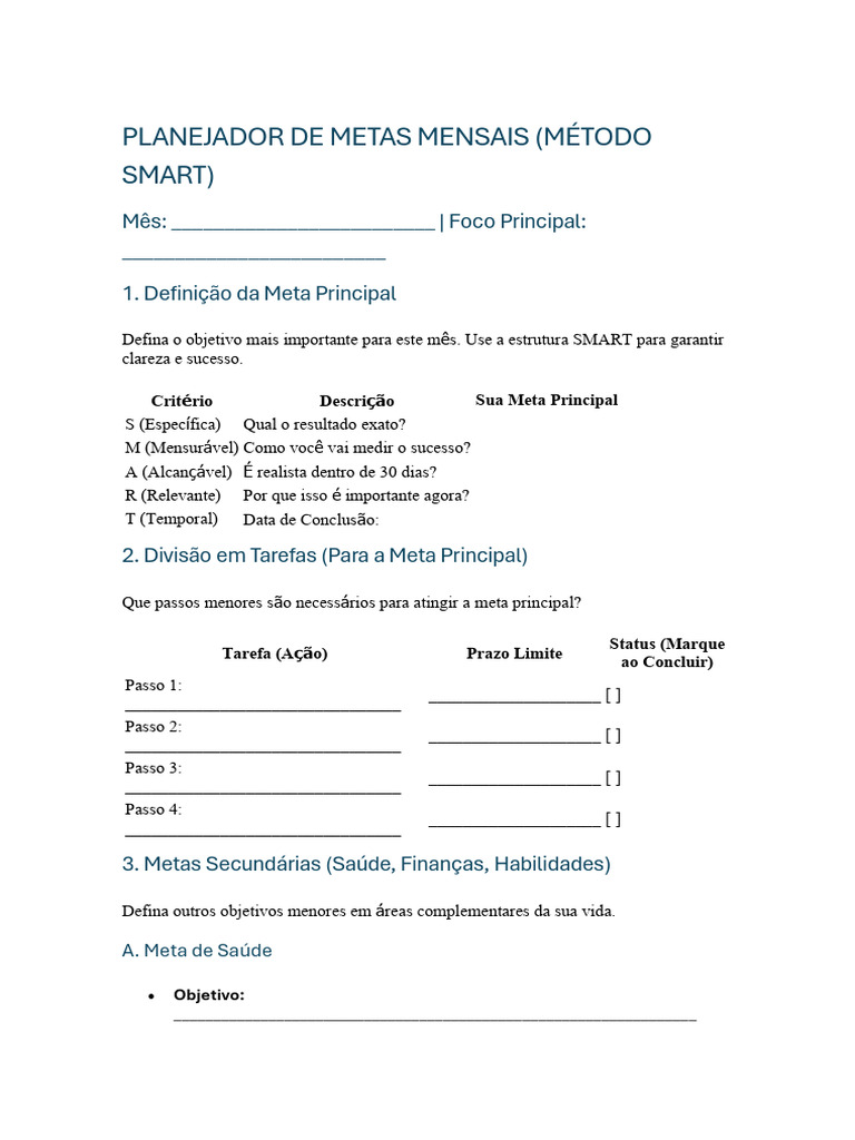 Planejador de Metas Mensais (Método Smart | PDF