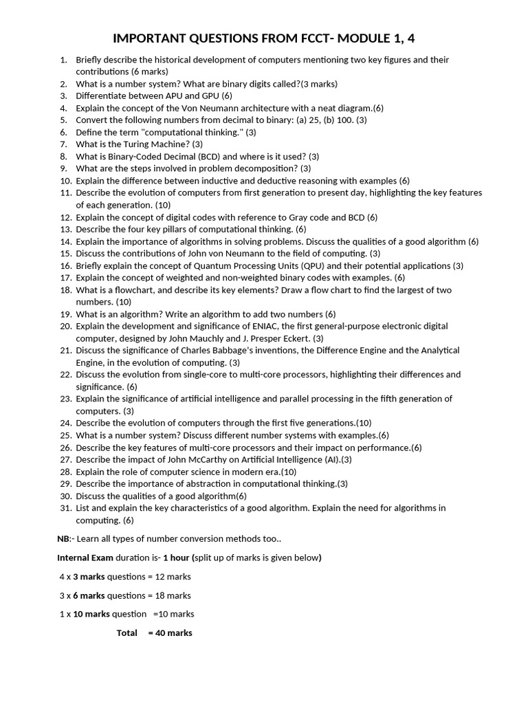 Important Questions From FCCT | PDF | Computing | Computer Science