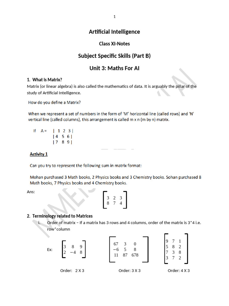 Class XI AI - SS Unit 2 Maths For AI Notes | PDF | Matrix (Mathematics ...