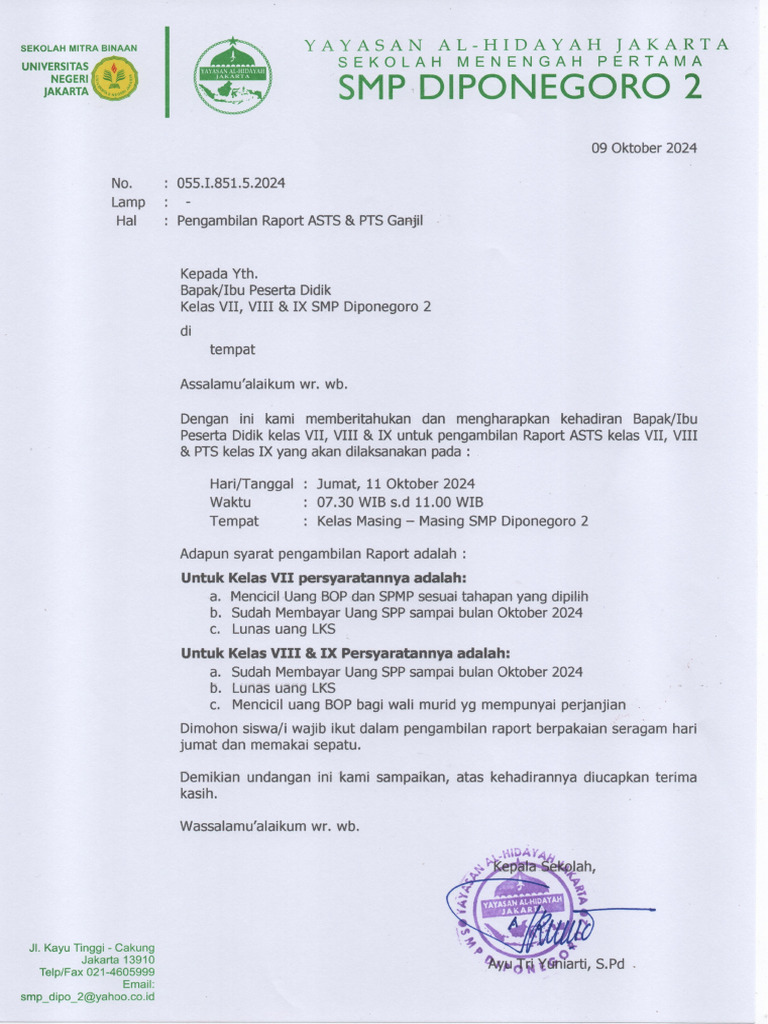 Pengambilan Raport ASTS & PTS Ganjil 2024 | PDF