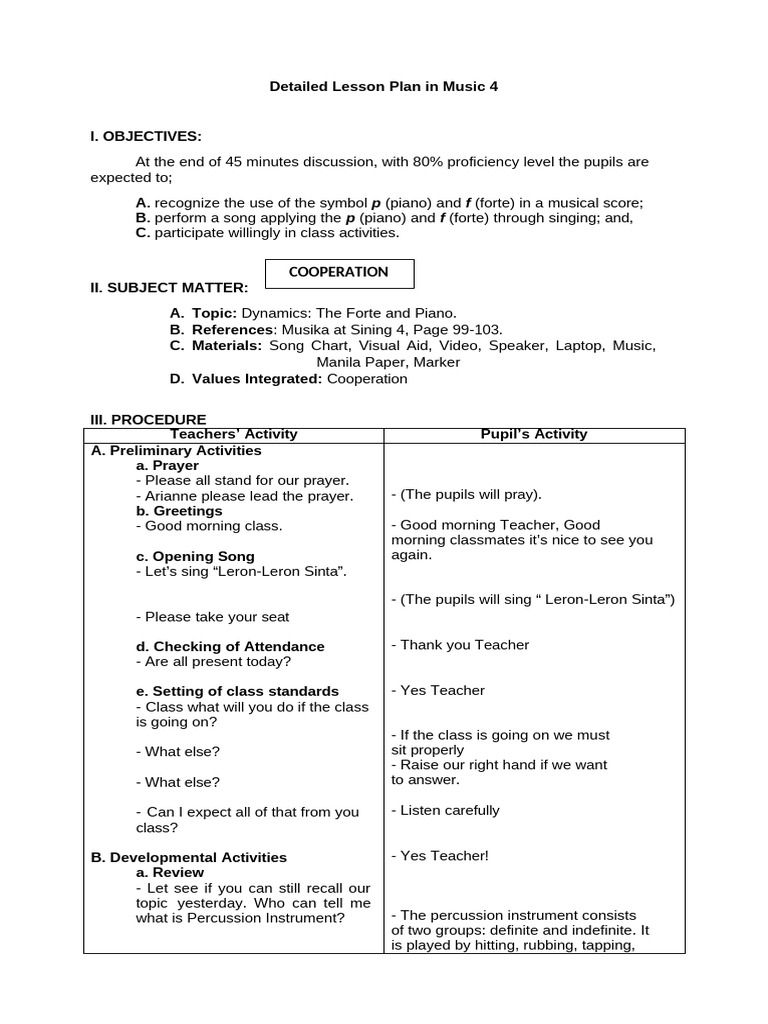 Detailed Lesson Plan in Music 4 Dynamics Taculod Jhonray C 3 Beed B PDF ...