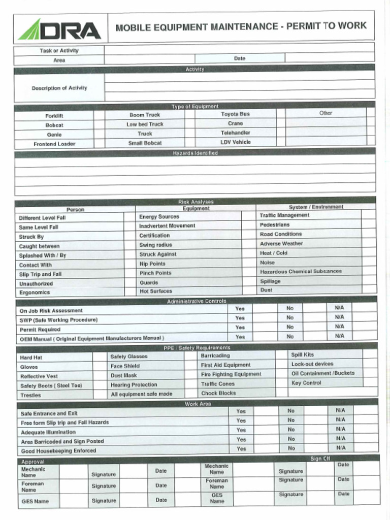 Mobile Equipment Maintenance - Permit To Work | PDF