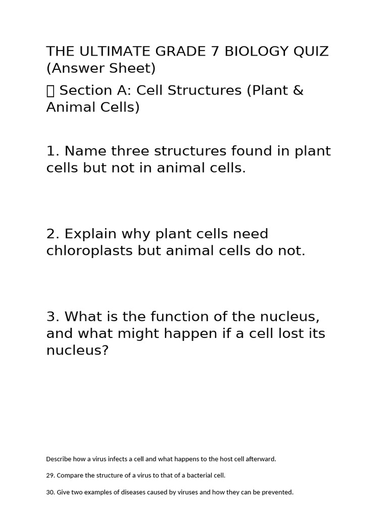 The Ultimate Grade 7 Biology Quiz | PDF | Virus | Cell (Biology)